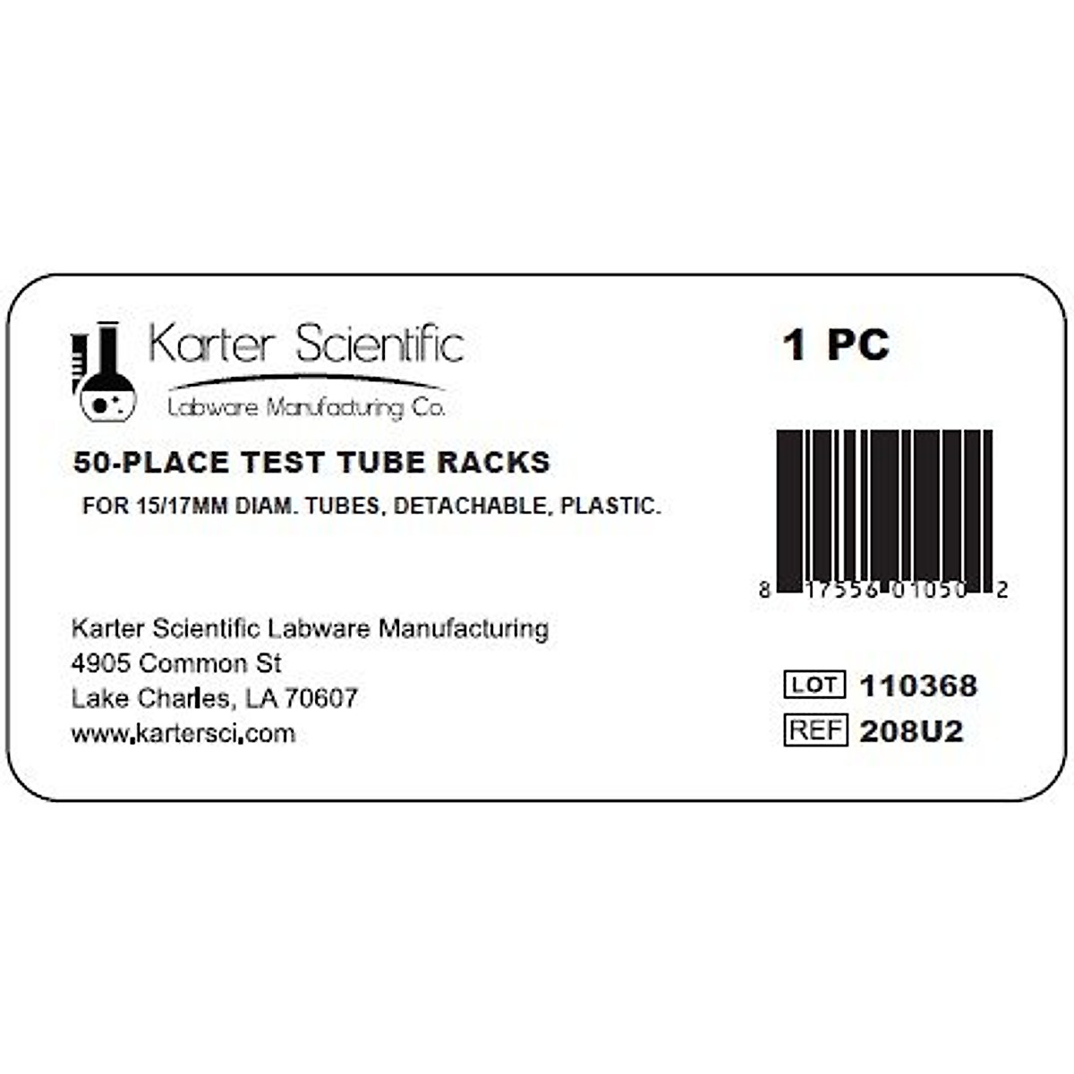 Karter Scientific 208U2 Plastic Test Tube Rack for 15/18 mm Tubes, Holds 50, Detachable (Single)