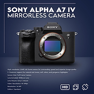 Sony Alpha a7 IV Full Frame Mirrorless Interchangeable Lens Digital 4K Camera, Black - Bundle with 128GB SD Memory Card, Camera Backpack, Extra Battery