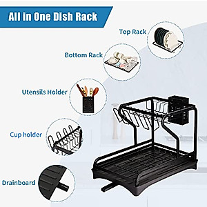 YWCMESDM Dish Drying Rack, Multifunctional Dish Rack with Drainboard & Utensil Holder, 2 Tier Stainless Steel Dish Racks, Dish Drainers with a Large Capacity for Kitchen Counter (Black)