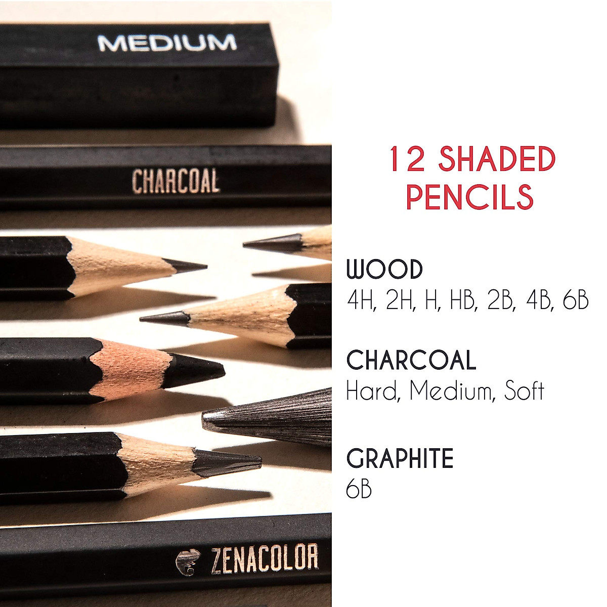 Zenacolor - Drawing Set, Sketch Kit for Beginners or Professional - Sketching kit with Sketchbook, 8 Drawing Pencils, 3 Charcoal Pencils, 1 Graphite Pencil, 2 Charcoal Sticks