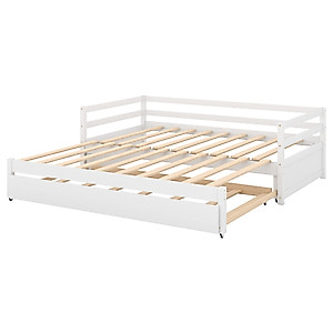 LUSPAZ Twin to Double Twin Daybed with Trundle Platform and Headboard for 3 People, White