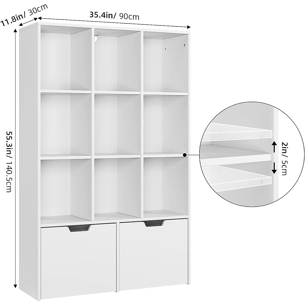 ELETHEBIA Bookcases Storage Organizer, 9 Cube Storage Organizer with 2 Drawers and 9 Open Freestanding Shelf, White Wood Bookshelf for Kids Room, Living Room, Office, Bedroom