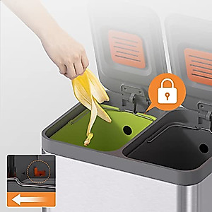 Mbillion Trash Can 5.3+5.3Gal, Kitchen Garbage Can with 2 Compartments,Large Stainless Steel Recycle Trash Can with 2 Removable Plastic Inner Buckets, Quiet Close Step Trash Can(20+20L Silver)