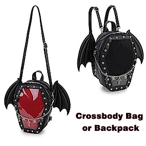 ENJOININ Gothic Coffin Shape Purses and Handbags for Women Halloween Shoulder Bag Ita Purse Backpack with Wings 2 Way