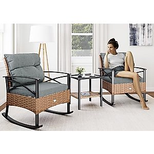 YITAHOME 3-Piece Outdoor Rocking Chair Bistro Set, Patio Wicker Rocking Chair Conversation Set with Glass Coffee Table & Soft Cushions for Balcony, Lawn and Porch Poolside (Light Brown+Gray)