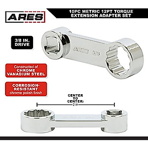 ARES 43036 – 10-Piece Metric 12-Point Box End Torque Adapter Extension Set – 3/8-Inch Drive - Extensions for Torquing in Hard to Reach Places – Chrome Vanadium Steel Construction – EVA Foam Tray
