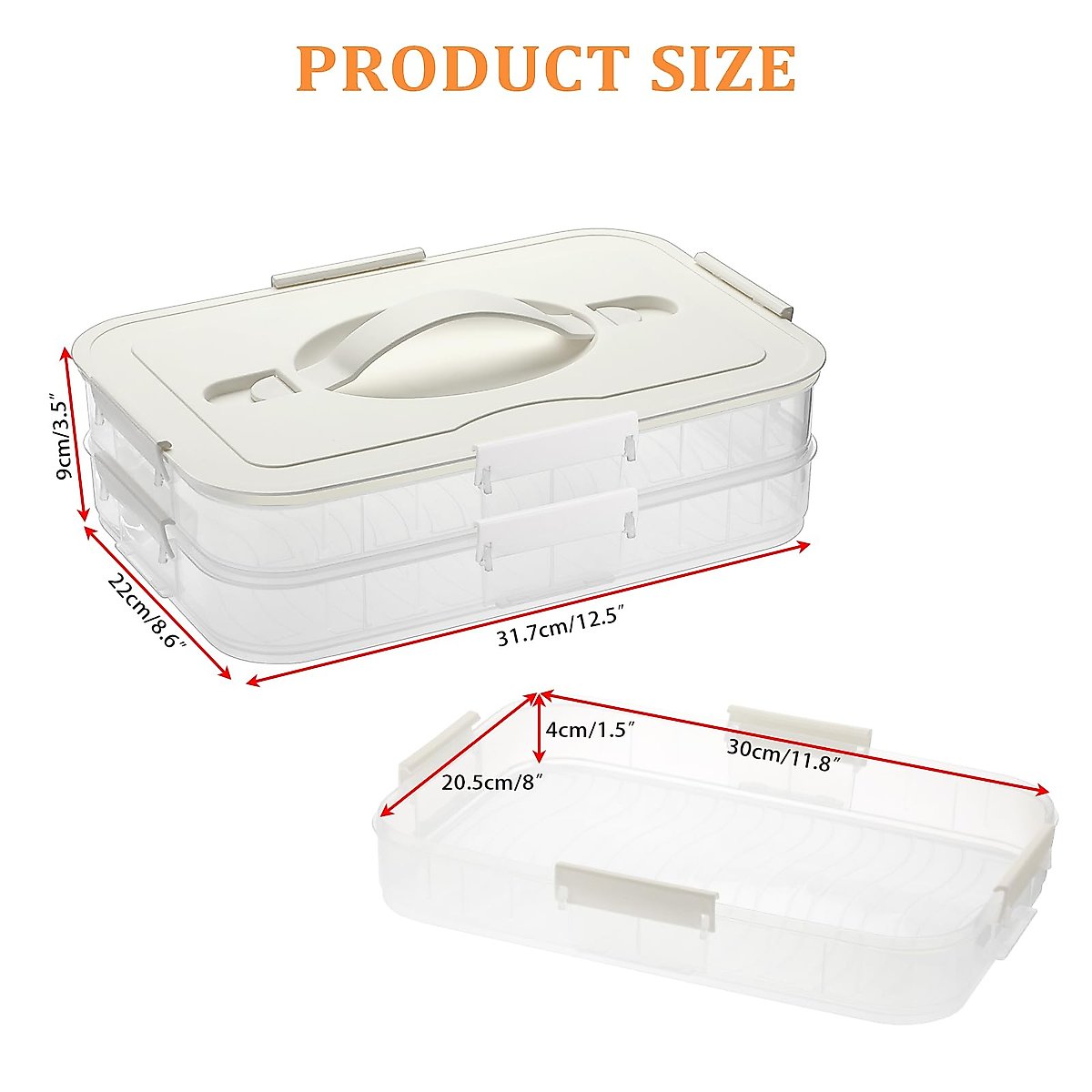 BTSKY Plastic Food Storage Container with lids, Dumpling Storage Box, Cookie Carrier Cookie Sheet with Lid, Portable Large Food Container for Snack, Fruit, Vegetables, Meat, Wontons(2-Layer, White)