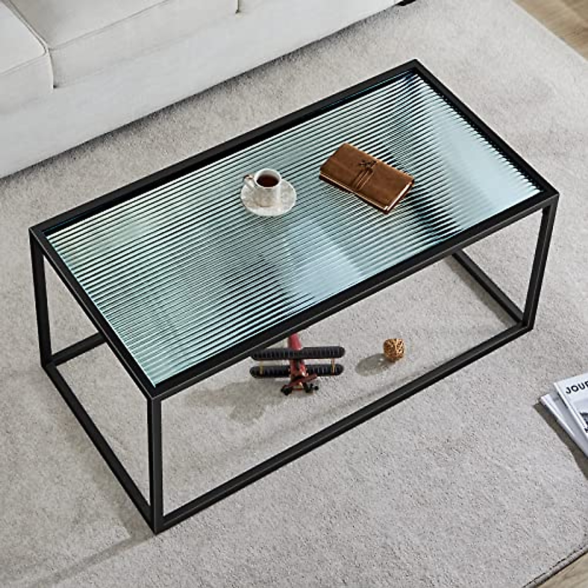 SAYGOER Coffee Table Glass Coffee Tables Small Modern Art Center Table for Living Room Home Office Small Space Unique Clear Chic Tabletop with Metal Leg 39.3x19.7x17.7 Inches Easy Assembly