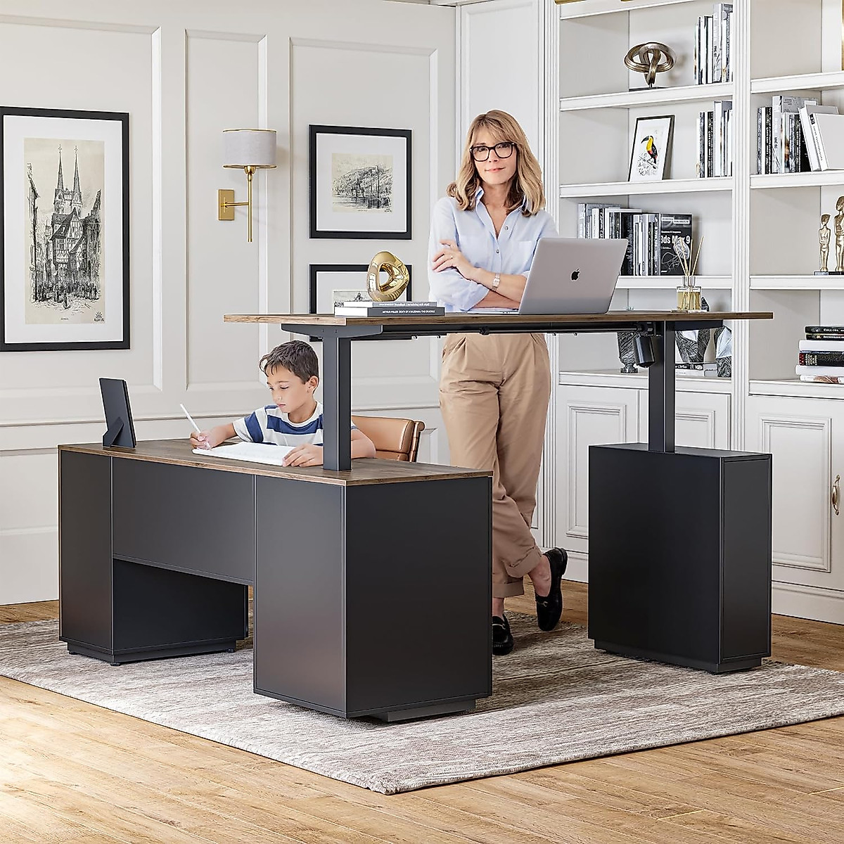 FEZIBO 63" L Shaped Executive Standing Desk with File Cabinet, Electric Height Adjustable, Black Walnut