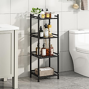 FKUO 4 Tier Metal Bathroom Rack Standing Shelf Unit Kitchen Storage Cabinet Shelf Organizer Plant Stand Display Rack Bookshelf for Living Room (Black, 4 Tier)