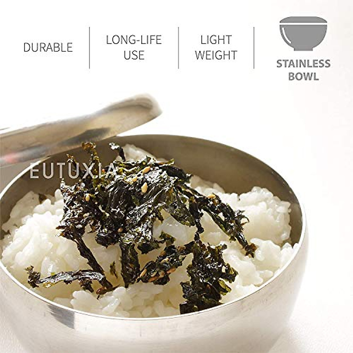 Eutuxia Korean Stainless Steel Rice Bowl + Lid, Set of 4. Traditional, Round & Unbreakable. Keep Rice or Soup Warm w/Metal Bowl. Made in Korea. 스텐밥공기