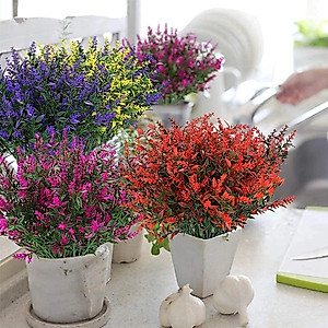 8 Bundles Fall Artificial Flowers Outdoor Lavender Fake Flowers UV Resistant Faux Plastic Plants No Fade Greenery Bushes for Garden Front Door Porch Window Box Walkway Patio Home Farmhouse Decor