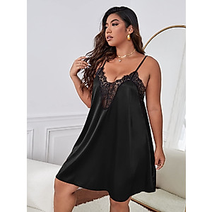 MakeMeChic Women's Plus Size Satin Slip Nightgown Lace Trim Silk Cami Night Dress Sleepwear Black 3XL