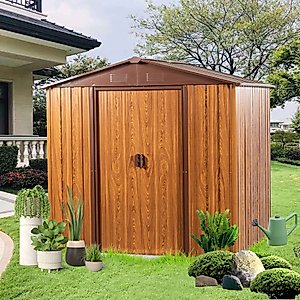 RITSU 6ft x 6ft Outdoor Metal Storage Shed with Metal Floor Base,Metal Storage Cabinet with Sliding Doors, Large Garden Shed Outdoor Utility Tool Shed with Pent Roof for Backyard Lawn, Coffee