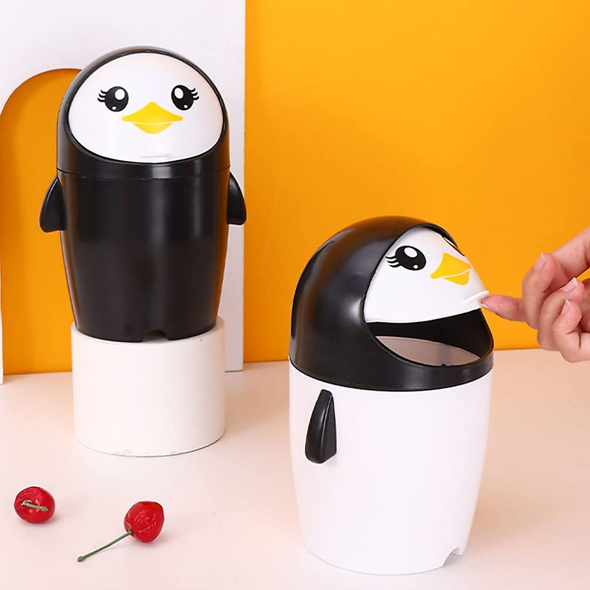 STOBAZA Penguin Trash Can Car Home Cute Garbage Bin Lid Bedroom Office Desk Countertop Animal Shaped Wastebasket Container Kids
