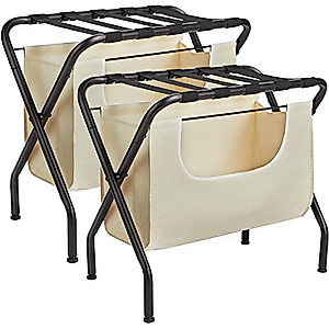 ELYKEN 2 Pack Luggage Rack with Laundry Bag, Guest Room Folding Space Saving Suitcase Holder, Max 110LBS Baggage Shelf with Heavy Duty Nylon Belts, Dirty Clothes Storage for Bedroom Hotel