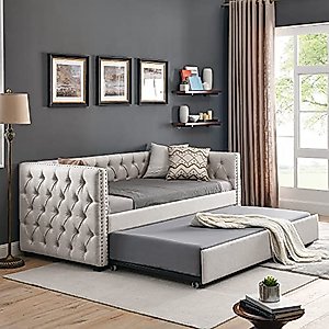 Daybed with Trundle, Upgraded Linen Upholstered Twin Size Day Bed Button-Tufted Sofa Daybed Frame with A Trundle, No Box Spring Needed, Furniture for Bedroom Living Room Guest Room (Beige, Twin)