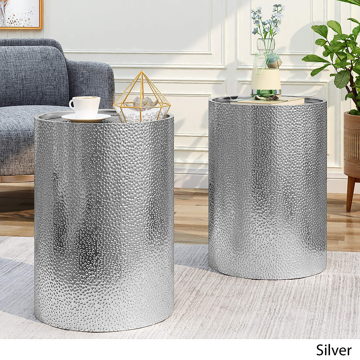 Christopher Knight Home Kaylee Modern Round Hammered Iron Accent Table (2 Pack) -Silver 16 in x 16 in x 22.25 in