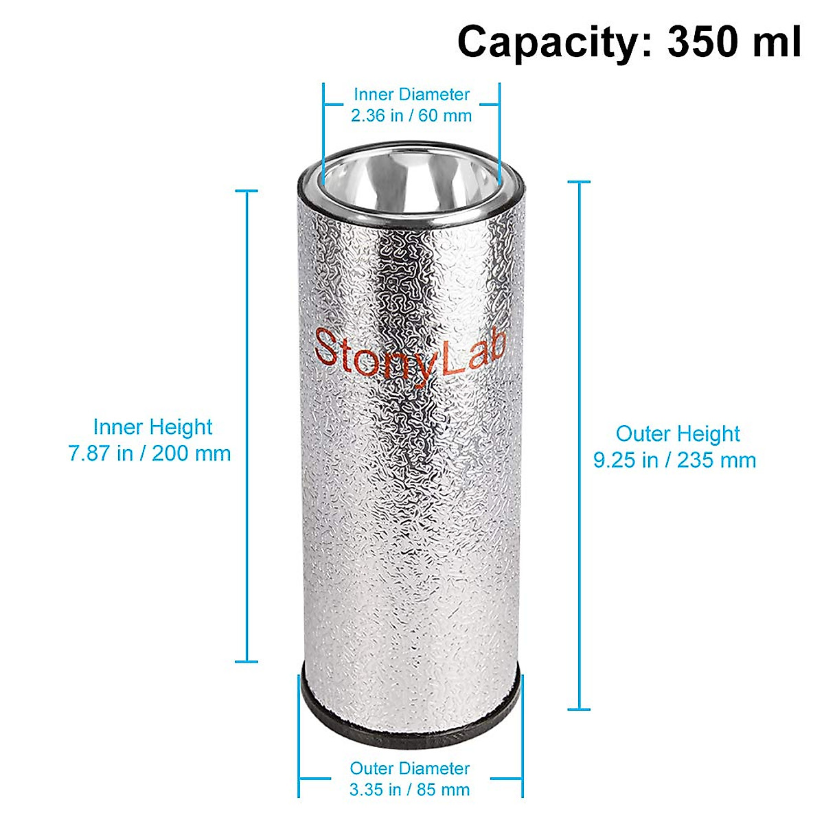 stonylab Dewar Flask, Cylindrical Form Borosilicate Glass Dewar Flask with Aluminum Base, 210mm Interior Depth and 70mm Interior Diameter for Laboratory, 665ml