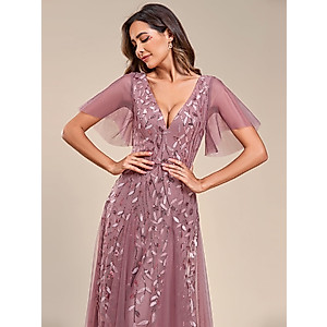 Ever-Pretty Women's Sequin Sparkly V-Neck Short Sleeve Maxi Evening Dress Prom Gowns Orchid US12