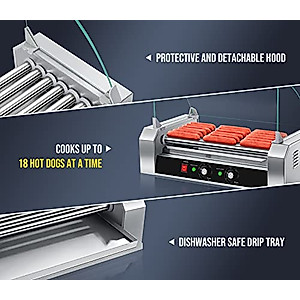 SYBO Hot Dog Roller, 18 Hot Dog 7 Roller Grill Cooker Machine with Removable Stainless Steel Drip Tray and Glass Hood Cover, 1000-Watts, OT-R3-8