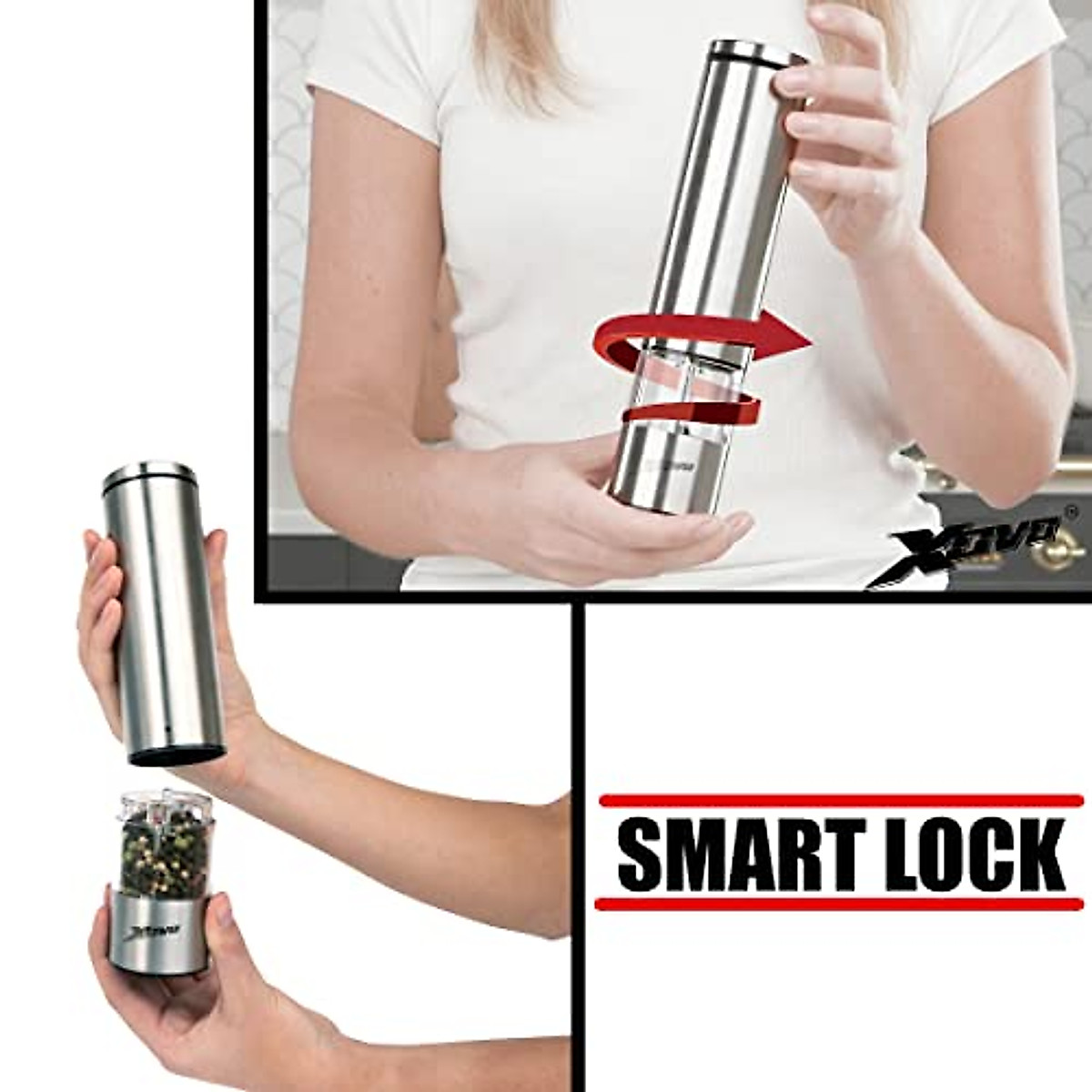 XOVO Electric Salt & Pepper Grinder Set - Battery Operated Stainless Steel Mill With LED Lighting - Electronic Adjustable Shakers - Ceramic Grinders - One Handed Automatic Operation - 2 Pack