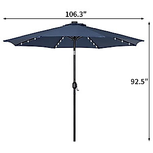 PARANTA 9 Feet Outdoor Patio Umbrella with 40 Solar LED Lights, Button Tilt and Crank, 8 Ribs Patio Umbrella, Navy Blue