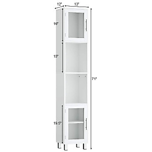 Tangkula Tall Bathroom Cabinet, Home Living Room Wood Storage Cabinet Free Standing w/ 4 Shelves and 2 Glass-Paneled Doors Suitable Tall Bathroom Cabinet