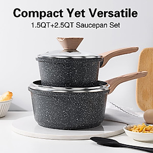 Kordisen Sauce Pan Set with Lid, 1.5QT & 2.5QT Non Stick Small Pot with Granite Coating, Saucepan with Pour Spout, Multipurpose Handy Induction Pot, Cooking Pot, PFOA/PFOS Free