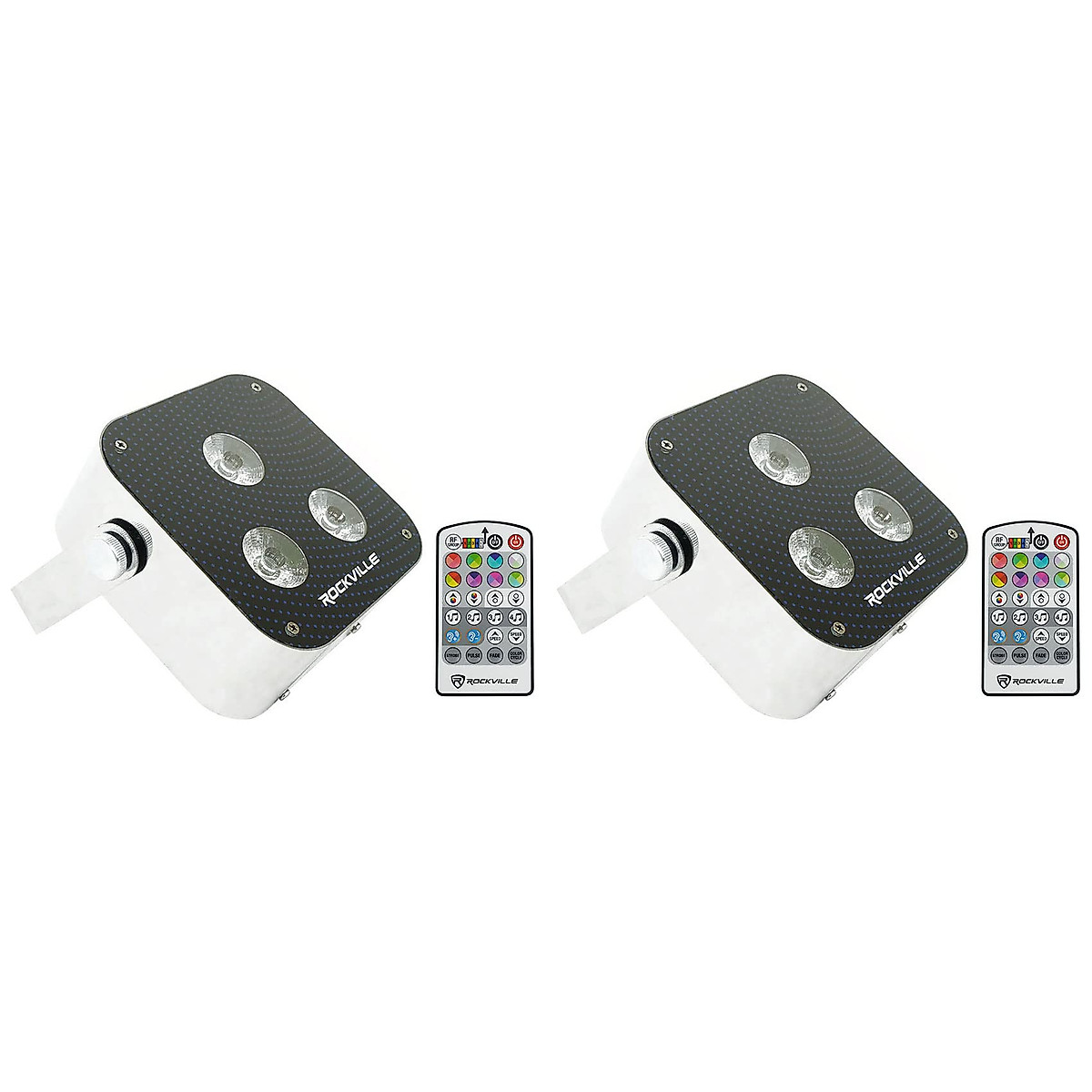 (2) Rockville MINI RF3 RGBWA+UV DMX DJ/Party LED Wash Lights+4-Ch. RF Par Remote
