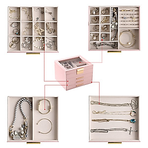 Frebeauty Clear Lid Jewelry Box,4 Layers Jewelry Organizer Large Multi-Functional Jewelry Storage Box with 3 Drawers,Jewelry Display Case of Rings Earrings Necklace Bracelets for Women Girls(Pink)
