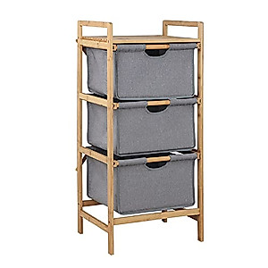Basket Storage Drawers Unit 3-Tier Laundry Basket Bathroom Dresser Tower Organizer with Bamboo Frame and Pull-Out Fabric Baskets
