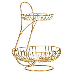 IMIKEYA Golden Metal Countertop Wire Fruit Storage Basket Double Layers Desktop Fruit Bowl Stand Holder Vegetables Storage Basin for Kitchen