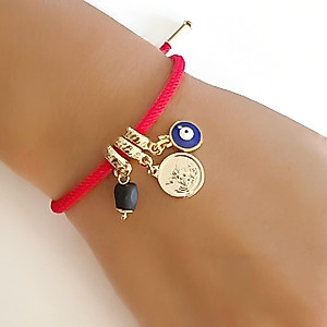 LESLIE BOULES Red Charm Bracelet Saint Michael Archangel Medal Genuine Azabache Stone and Blue Evil Eye Pendant