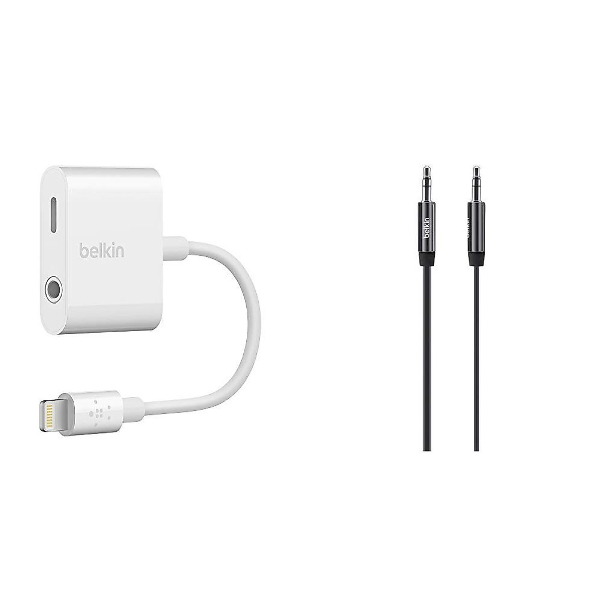 Belkin RockStarTM Lightning to 3.5mm Audio Cable + Audio Charger Splitter, 2-in-1 Aux iPhone Headphone Adapter & Charger Dongle Bundle with Belkin MiXiT Tangle-Free Aux / Auxiliary Cable, 3 Feet (Black) - AV10127tt03-BLK