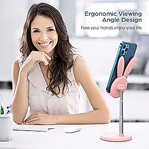 Cell Phone Stand,Angle Height Adjustable Bunny Phone Stand for Desk,Cute Rabbit Phone Holder Stand for Desk, Compatible with All Mobile Phones,iPhone,Samsung,Pixel,iPad,Tablet(4-10in) (Pink)