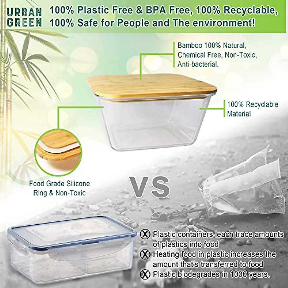 Urban Green Glass Container with Wood Lid, Glass food storage Container with Lids, Glass Meal Prep Containers Set, Glass Containers set (Natural-Bamboo-1p)