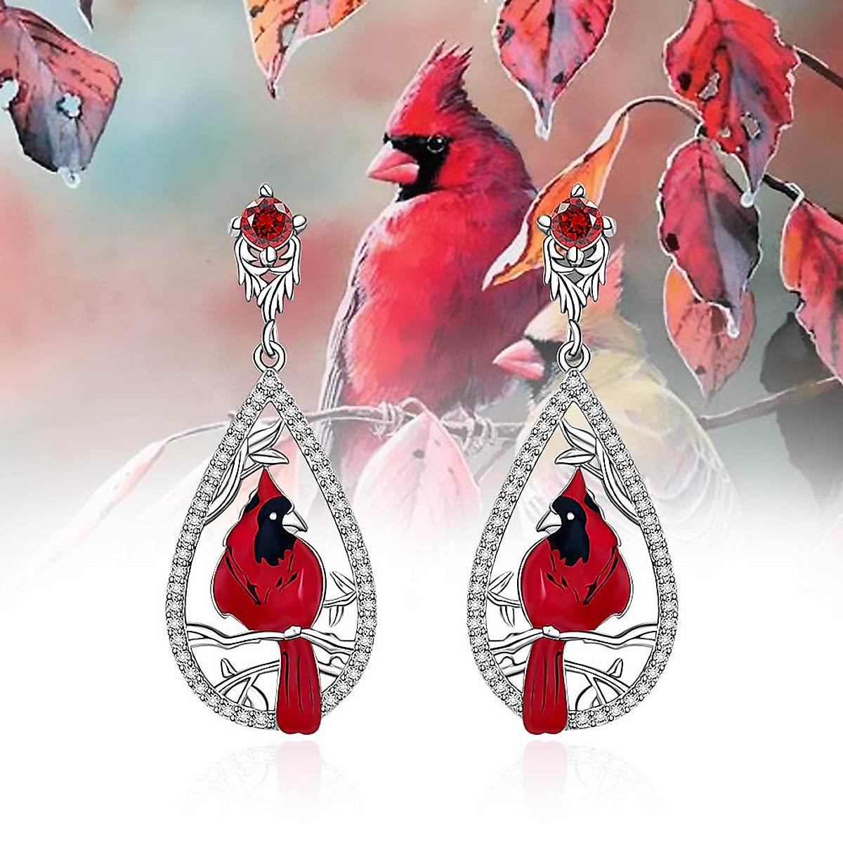 Cardinal Earrings for Women S925 Sterling Silver Teardrop Dainty Cute Dangle Drop Piercing Stud Red Fashion Hypoallergenic Crystal Ruby Animal Bird Valentine's Day Jewelry