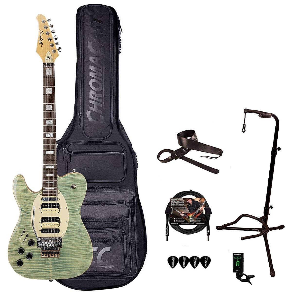 GoDpsMusic 6 String Solid-Body Electric Guitar, Left-Handed Grass-Stained Blue Jean (ST-ET-LH-HYBRID-FL-FMBLJ-KIT)