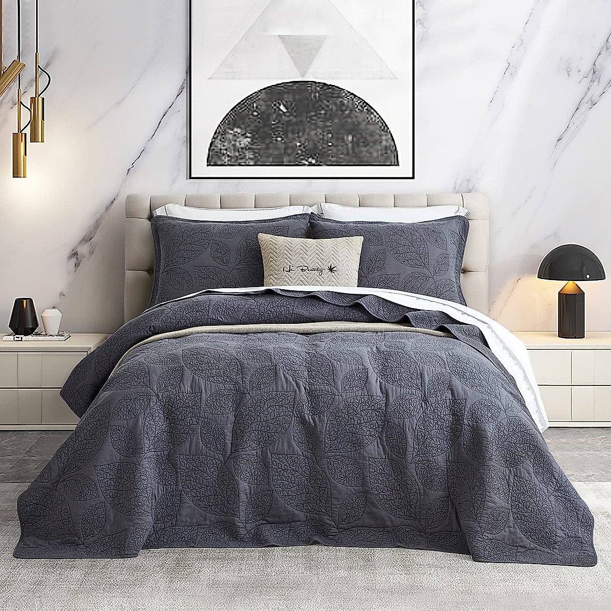 CHIXIN Botanical Cotton Quilt Queen Size - Real Stitching Leaf Pattern - Quilted Bedspread Coverlet Set, Ultra Soft, Lightweight, Reversible, 3 Piece, Dark Grey