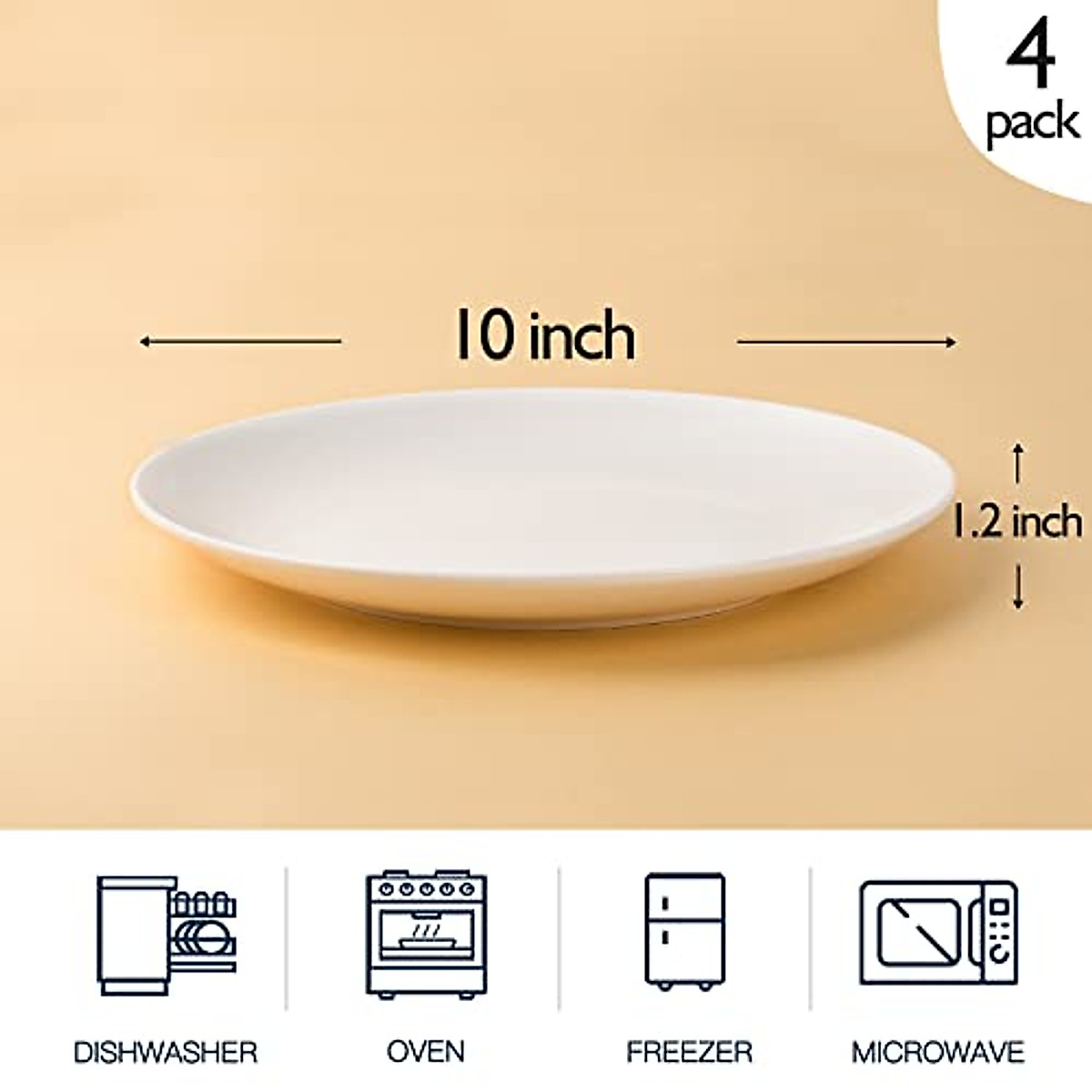 DELLING 10 inch White Dinner Plates Set, Porcelain Dessert/Salad Plate, Serving Dishes, Dinnerware Sets, Scratch Resistant, Lead-Free, Microwave, Oven, and Dishwasher Safe - Set of 4
