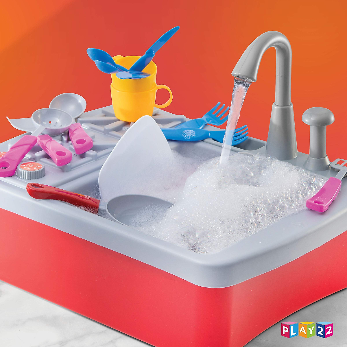 Play22 17 Pc Kids Play Sink with Running Water - Kitchen Sink Toy - Toddler Sink Toy with Real Faucet & Drain, Dishes, Utensils - Play Cooking Stove W/Pan - Kitchen Toys for Toddlers & Kids