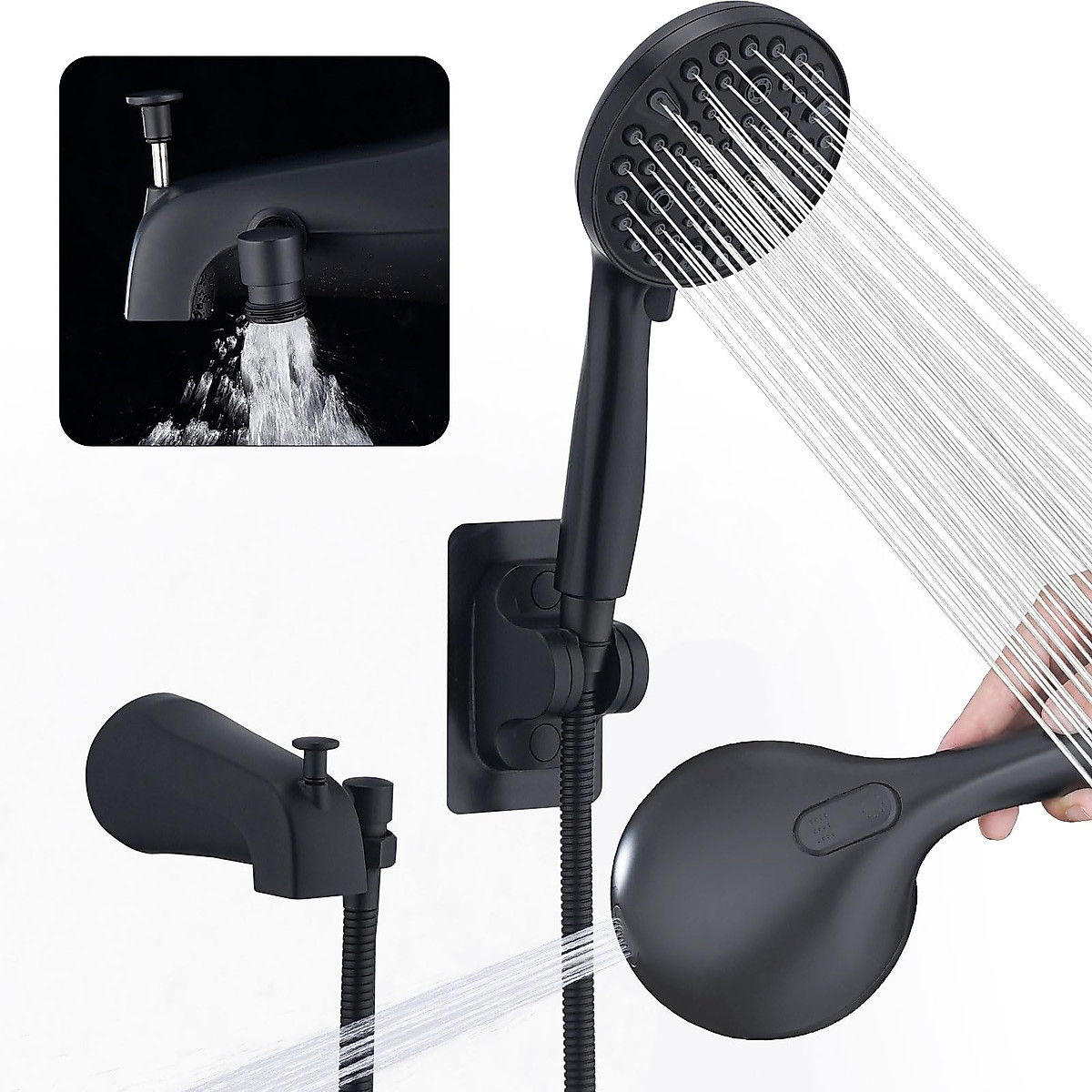 YASINU All Metal Bathtub Faucet with Sprayer 10 Settings, Tub Spout with Diverter Matte Black