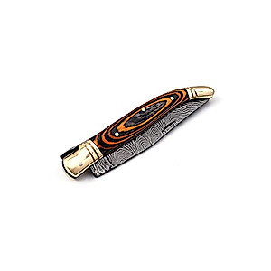 Damascus steel folding knife with leather sheath, 8.5 inches long laguiole pocket knife with 4 inches long Damascus steel Blade, 4.5 inches multi color wood scale with Brass bolster and pommel, Leather sheath included (Yellow Black)