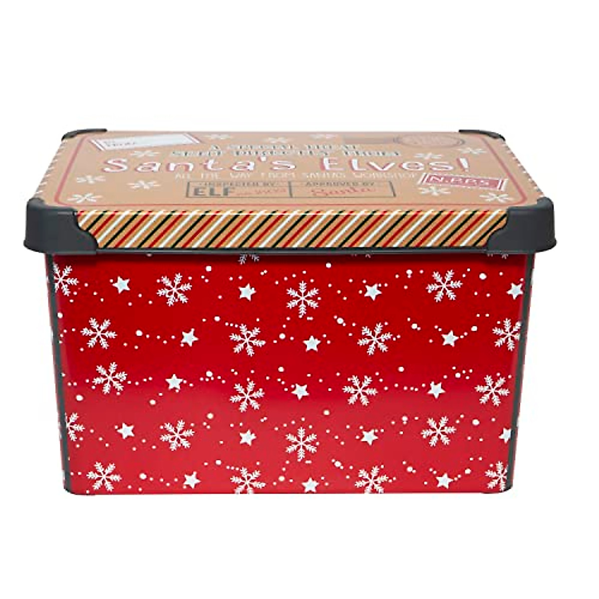 Simplify Santa’s Elves and Snowflake Design Storage Bin | Christmas Tote | Holiday Décor Decorations Organizer | Lidded | Stackable | Red