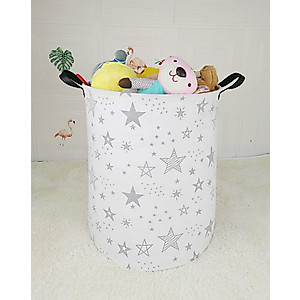 ACMUUNI 19.7" Round Canvas Large Clothes Basket Laundry Hamper with Handles,Waterproof Cotton Storage Organizer Perfect for Kids Boys Girls Toys Room, Bedroom, Nursery,Home,Gift Basket(Grey Star)
