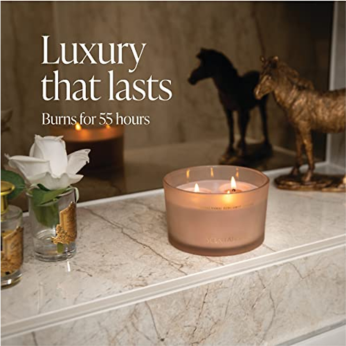 SCENTALGIA Scented Soy Candle Jar with Sandalwood, Bergamot, Jasmine Fragrance - 3 Wick Large Candles with Long-Lasting 55 Hours Burn Time - Perfect for Home, Office, Spa, Yoga, Meditation & Gifts