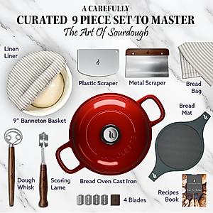 Enameled Cast Iron Bread Pan With Lid 9 Piece Complete Bread Baking Set | Dutch Oven for Bread Baking | 10 Inch Bread Oven with Lid | Thick Enamel | Silicone Baking Mat | Banneton | 6 Quart (Red)