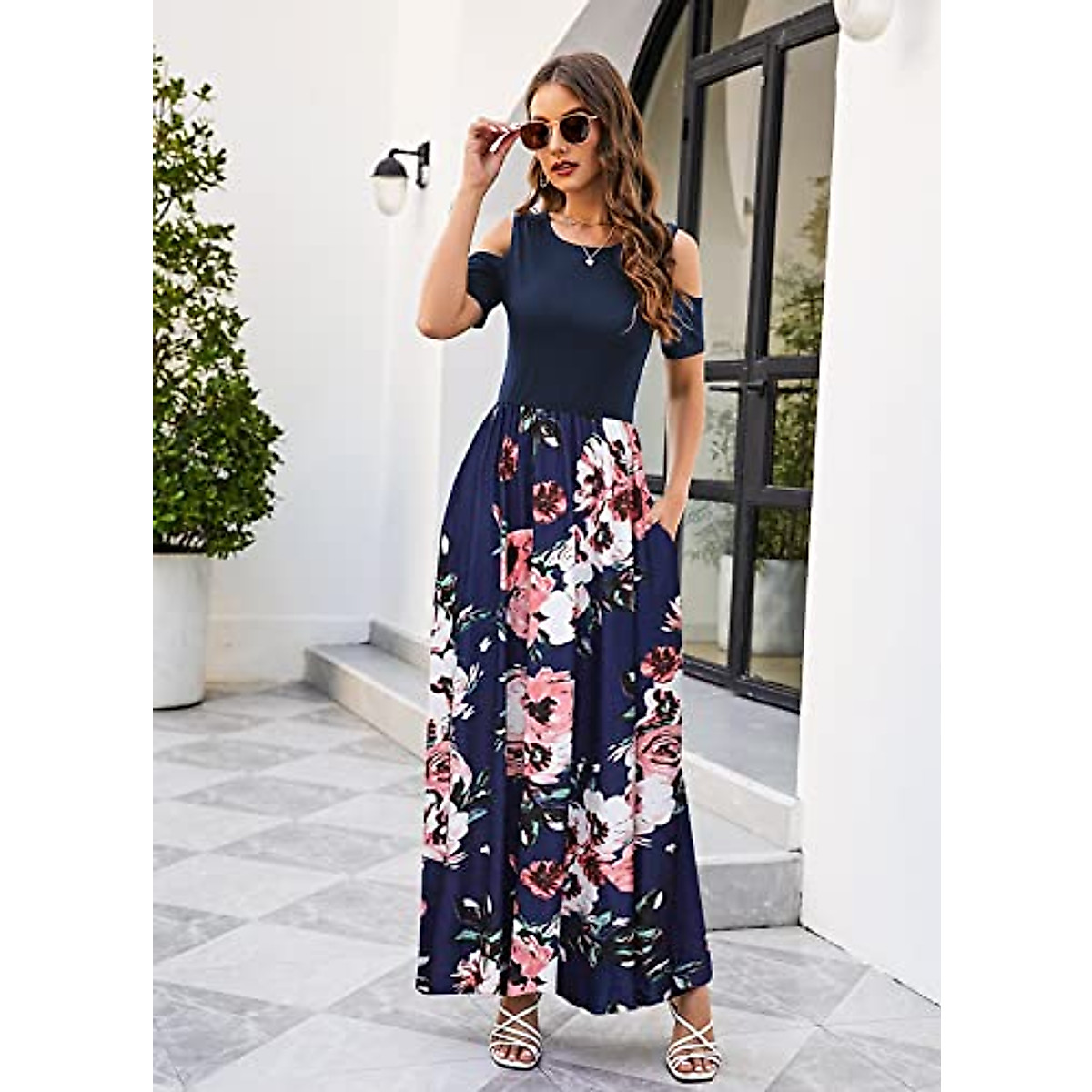Kancystore Women's Cold Shoulder Floral Print Dresses Swing Long Dress with Pockets (Navy Blue_XXL)