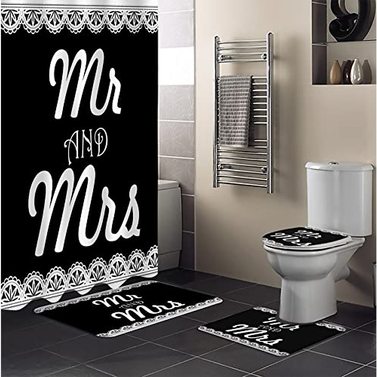MUSEDAY 4 Pcs Shower Curtain Set Wedding Bathroom Decor Sets with Non-Slip Rugs, Toilet Lid Cover & Bath Mat Waterproof Curtains for Bathroom, Lace Pattern with Words Mr and Mrs